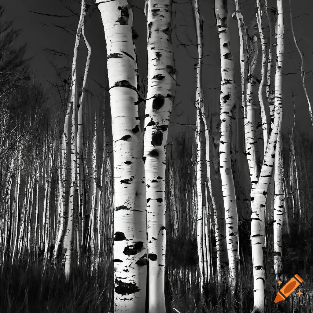 Dark monochrome nighttime aspen forest with bone-like trees and eerie ...