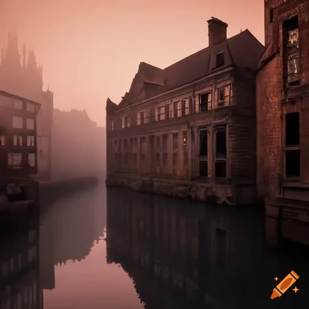 Abandoned victorian buildings sinking into water during a foggy sunset ...