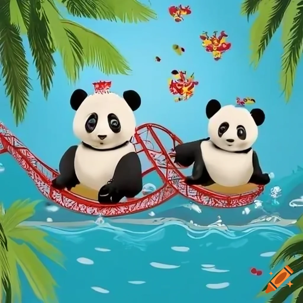 Pandas in aloha shirts riding a rollercoaster on Craiyon
