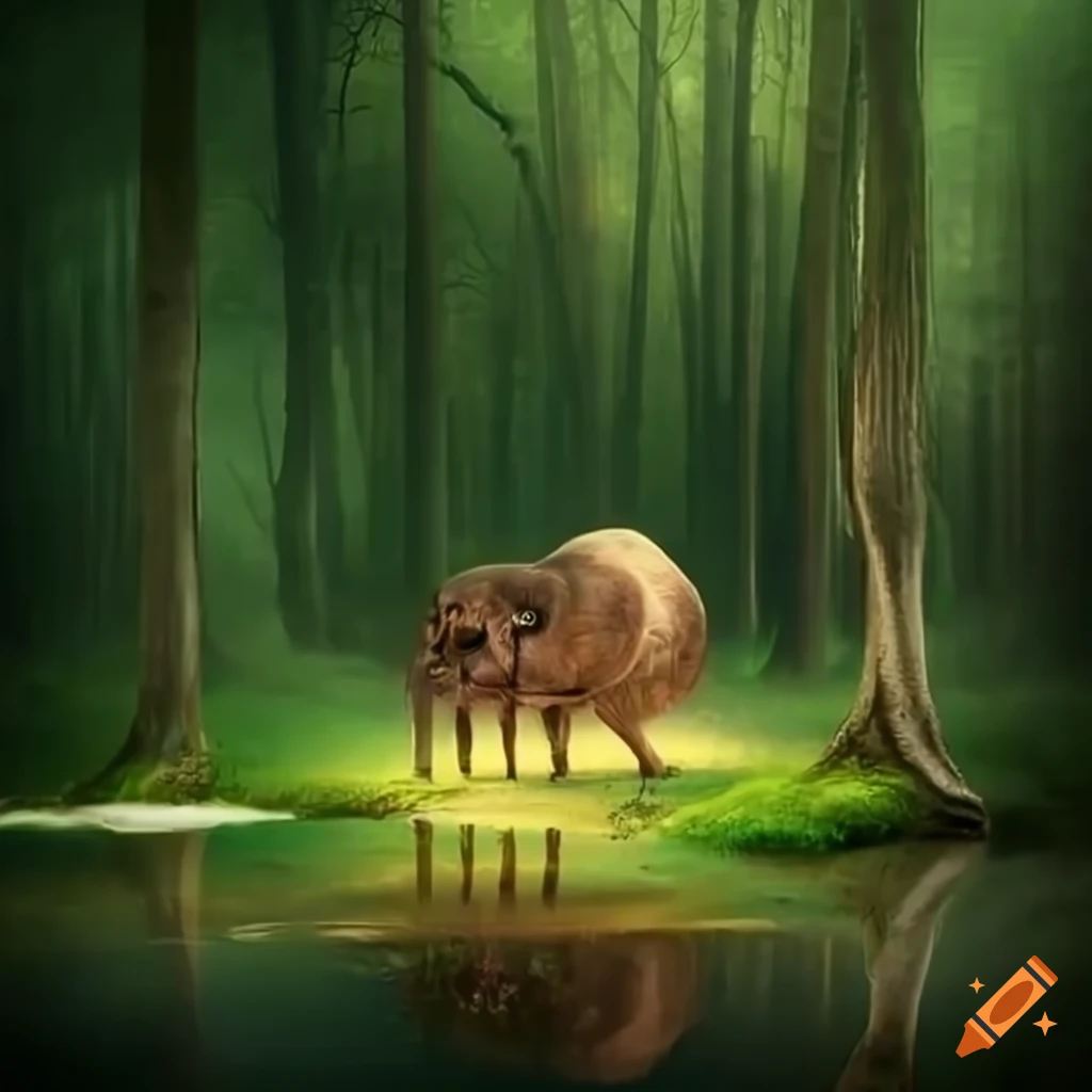 Surreal and ridiculed mutant animals in a strange forest with exotic ...
