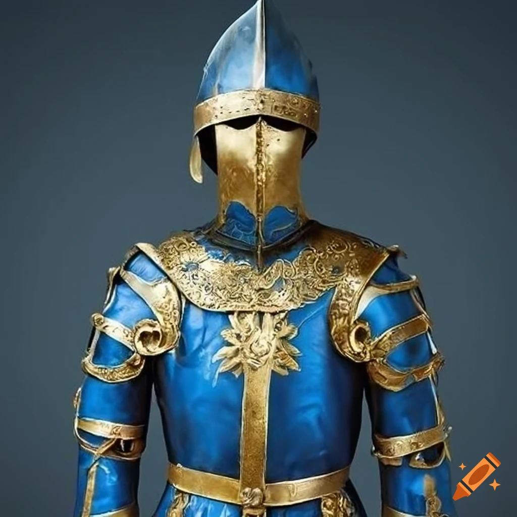 Blue and gold medieval fantasy magic suit of platemail and helmet on ...