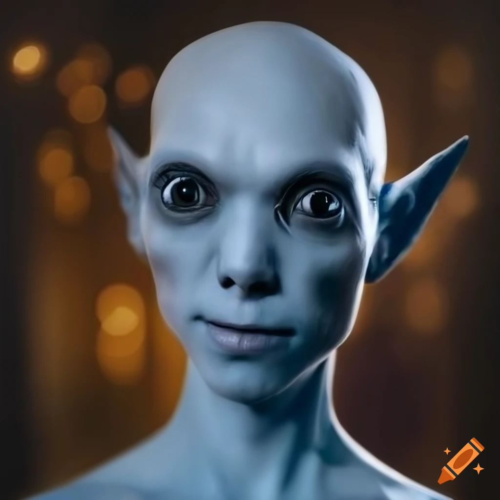 Realistic photo of a humanoid alien man with pointed ears and pale blue ...