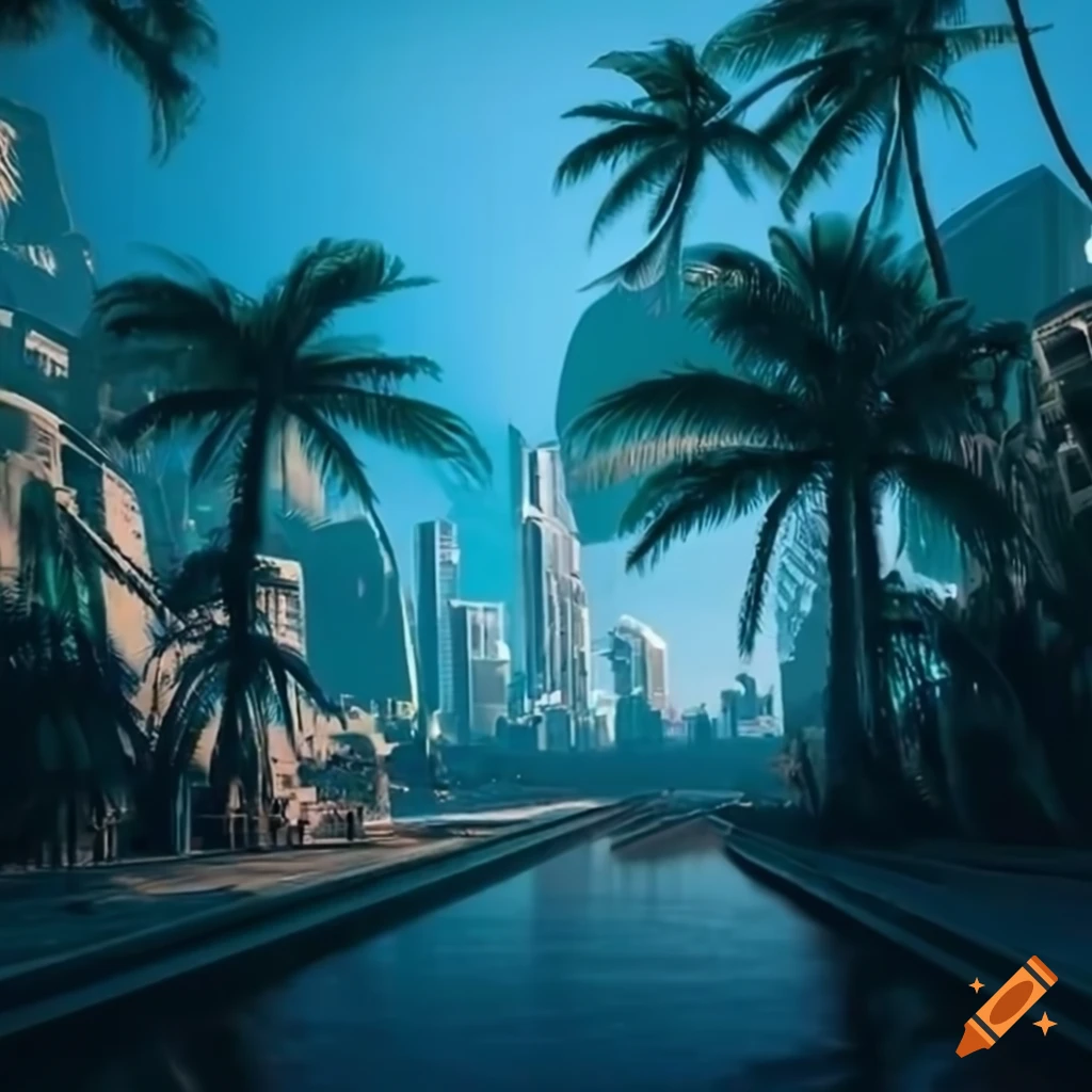 Modern metropolis with palm trees in a cinematic setting on Craiyon