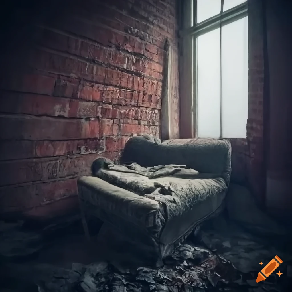 Detailed abandoned foggy room with brick fireplace and tall windows on ...