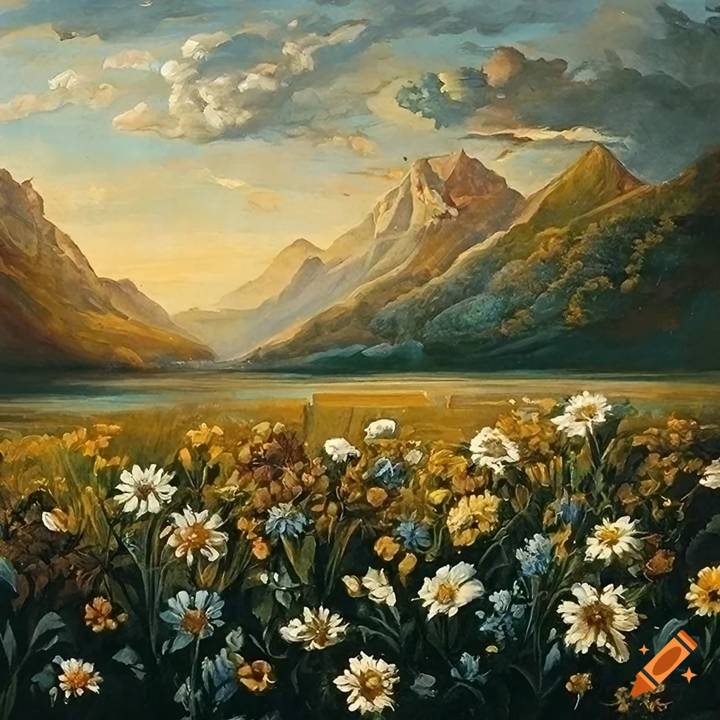 Intricately detailed realistic flower field painting in muted color on ...