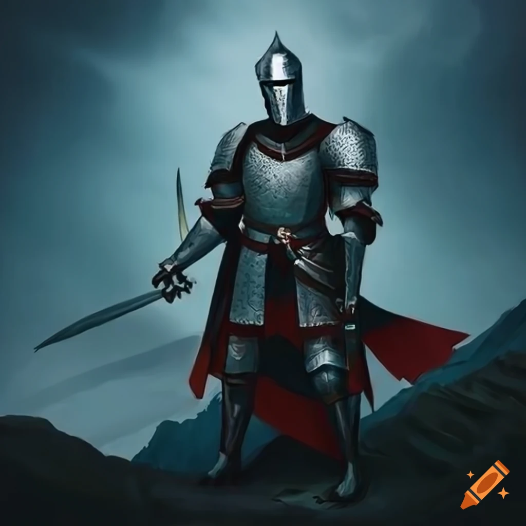 Knight standing on a mountain on Craiyon