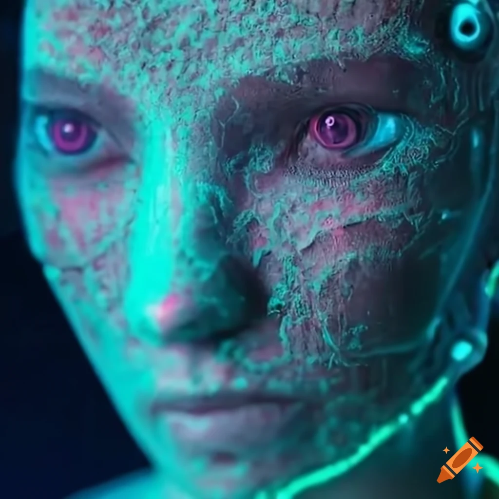 High-tech biopunk cyborg covered in glowing biopunk moss in a ...