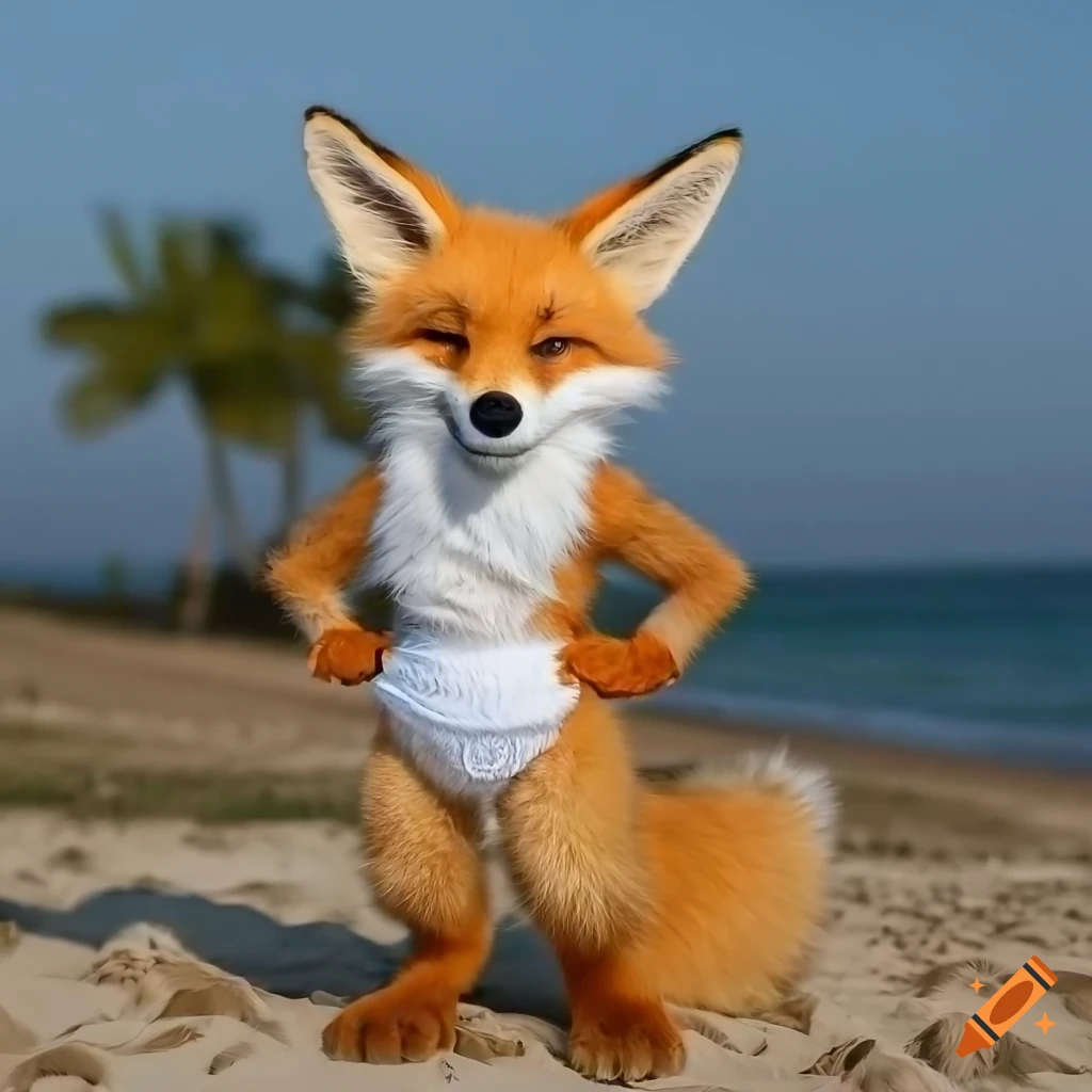 Bright orange anthropomorphic fox standing on a sunny beach on Craiyon