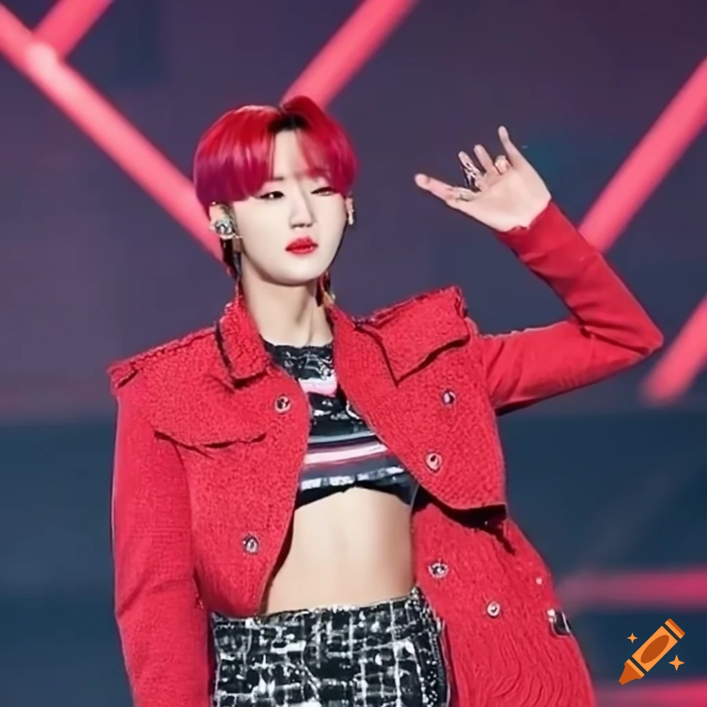 Confident and fabulous k-pop idol in a vibrant red ensemble on stage on ...