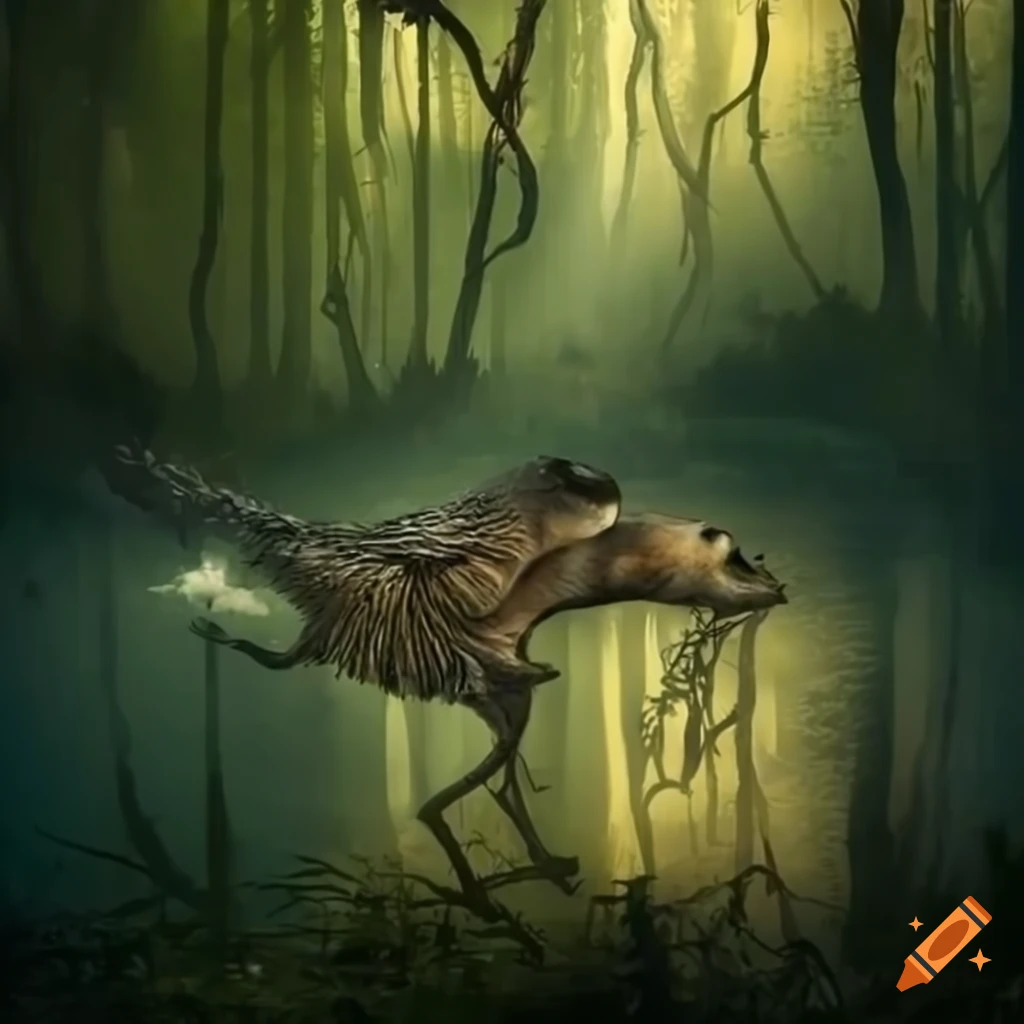 Surreal and fantastical scene of animal mutants in a strange forest ...