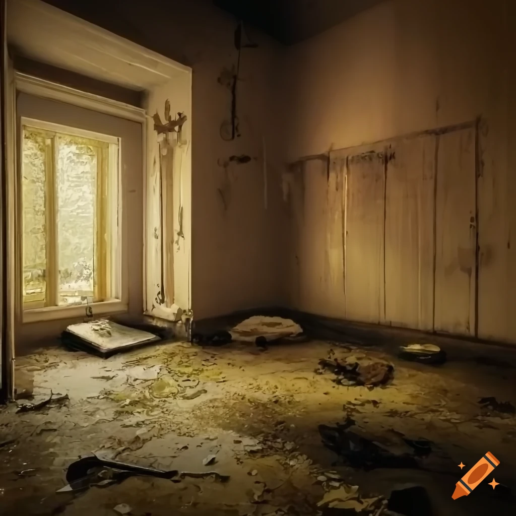 Abandoned flooded basement room with built-in cabinets and peeling ...