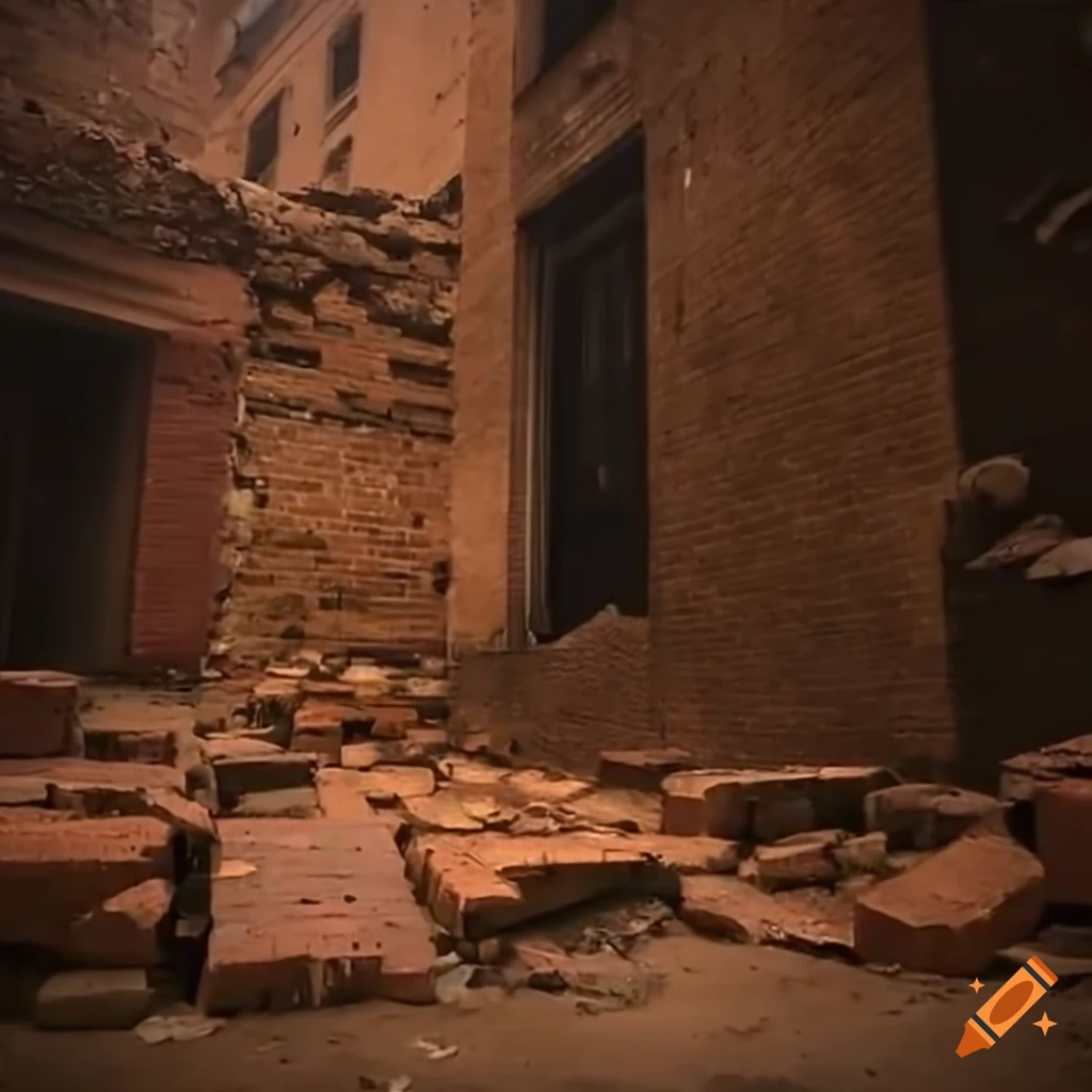 Close-up of crumbling bricks and abandoned buildings sinking into ocean in a glowing fog on Craiyon
