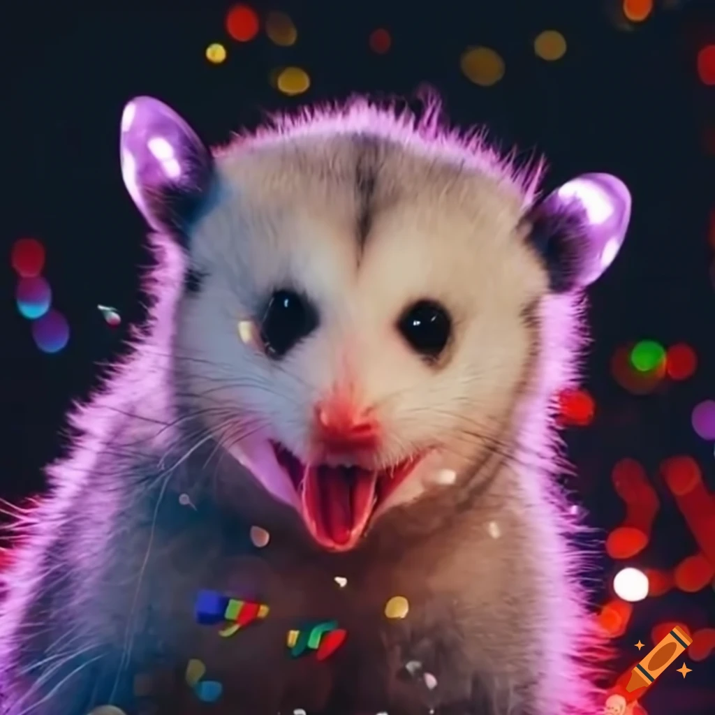 Possum with tongue out surrounded by confetti and rainbow led lights on ...