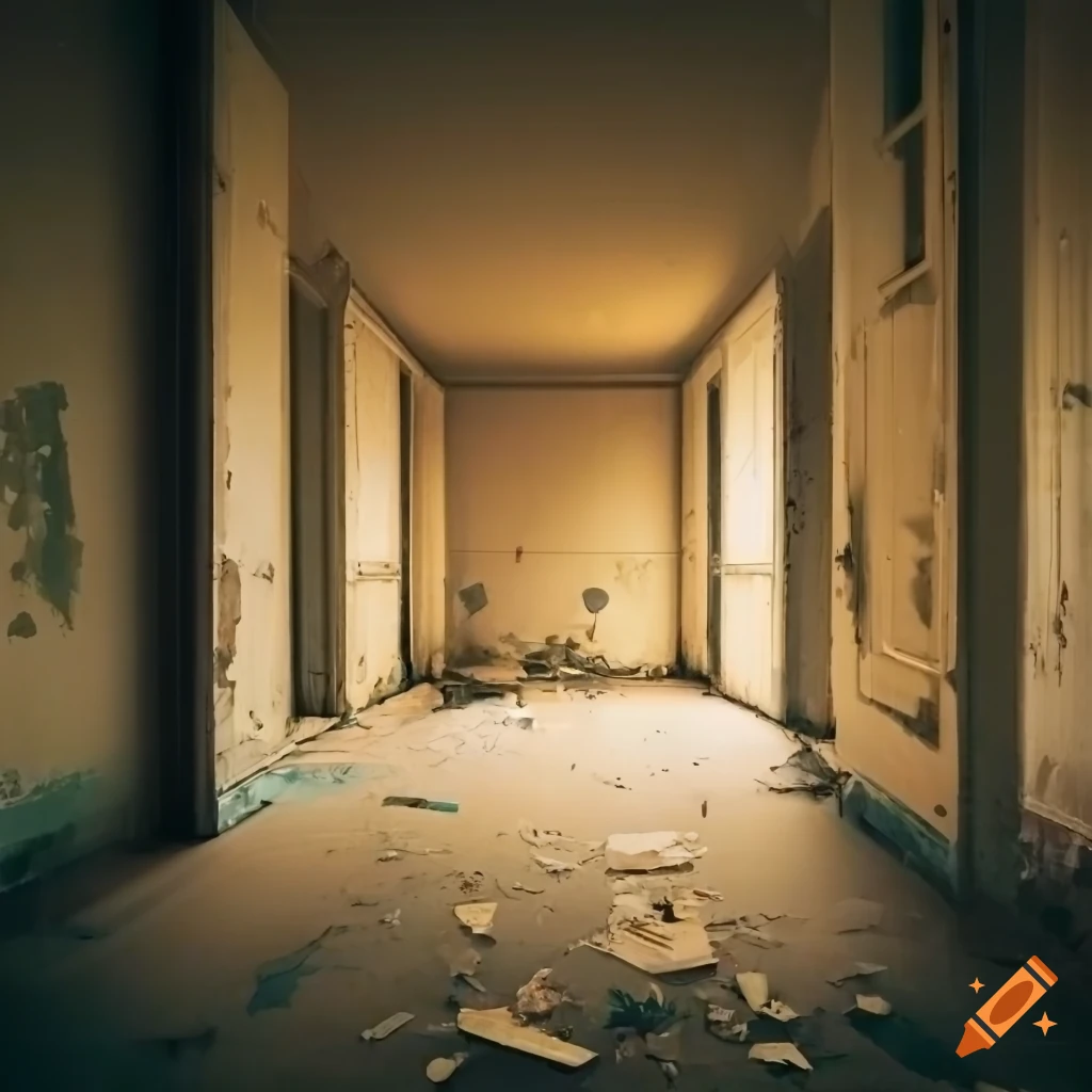 Abandoned flooded storage room with built-in cabinets, shelves, and ...