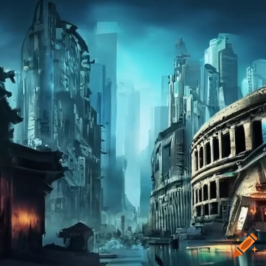 Endless ruins of a future city on Craiyon