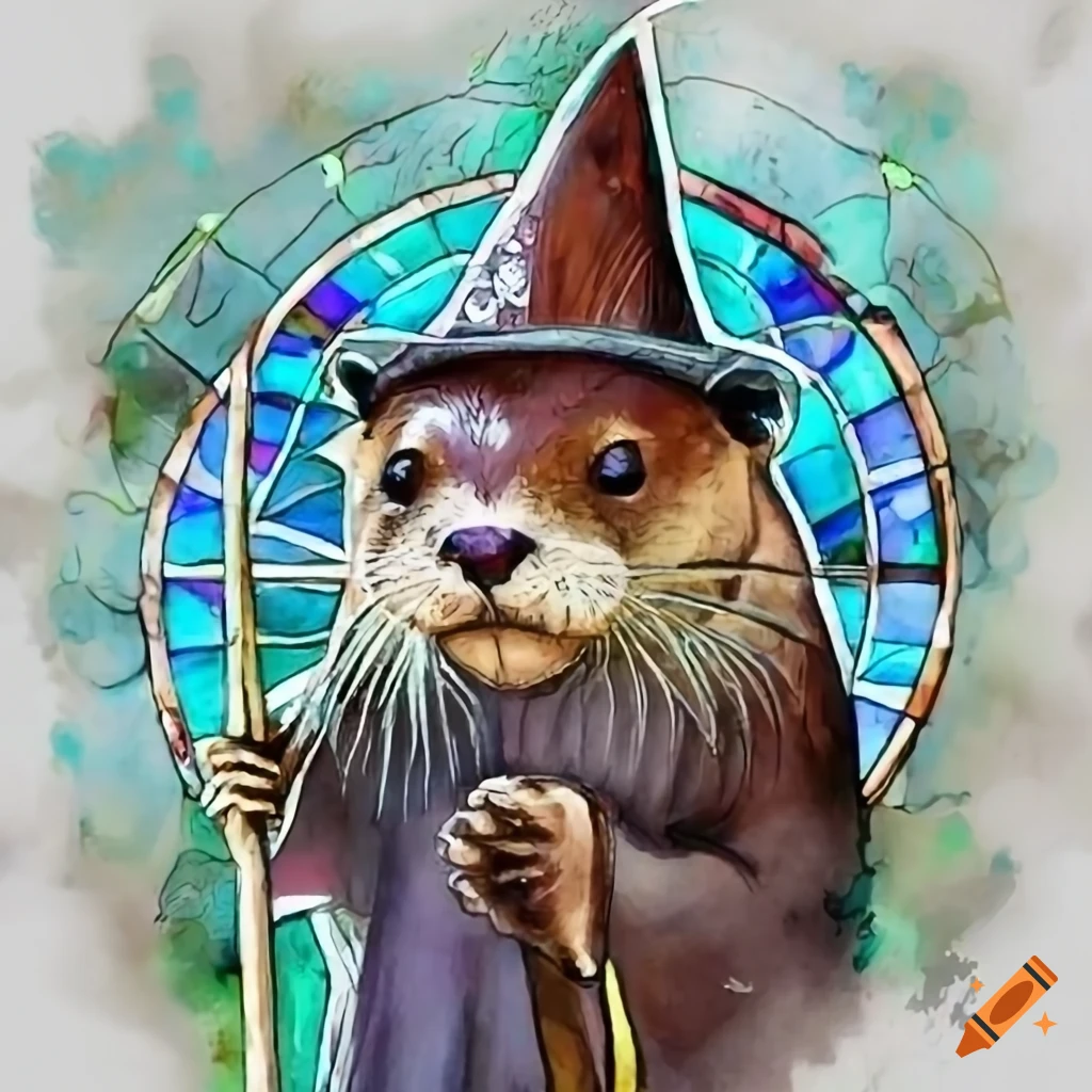 Otter wearing a wizard outfit holding a staff in religious stained ...