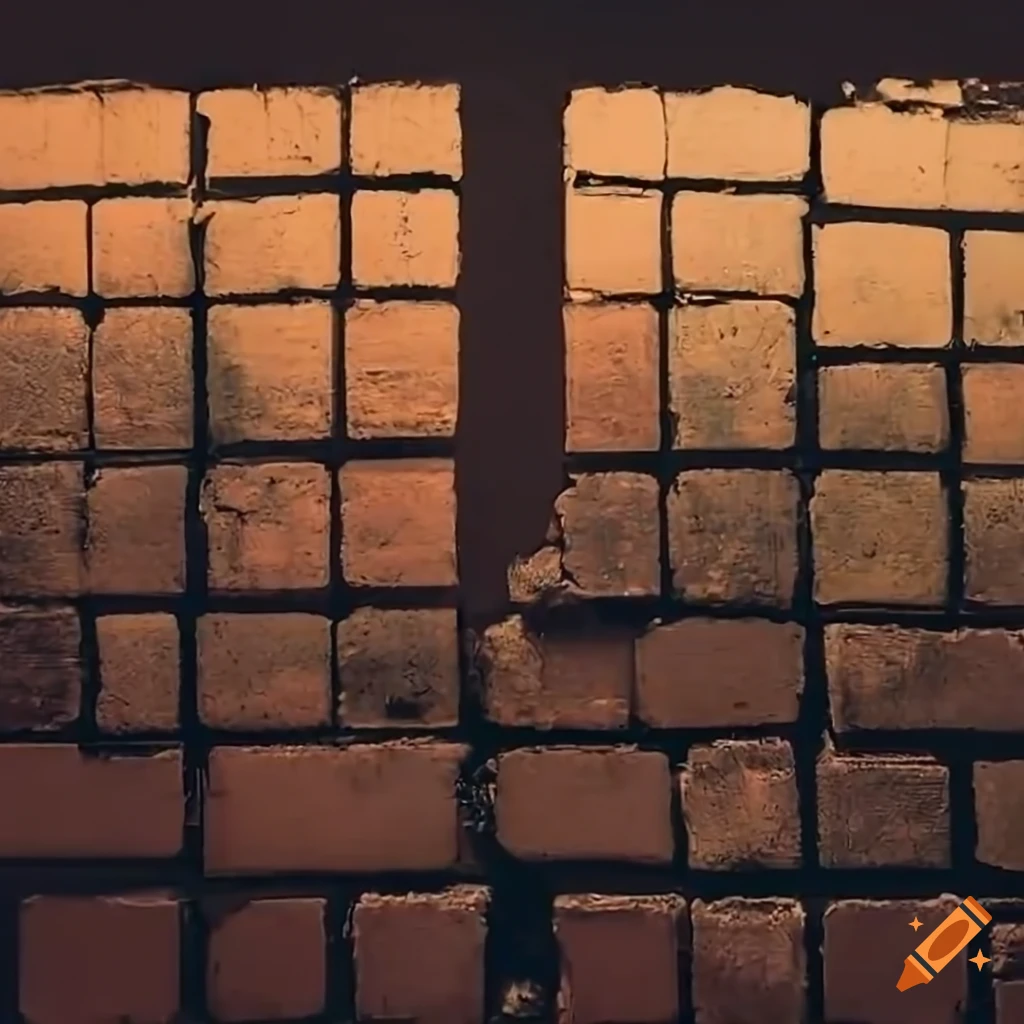 Close-up of crumbling bricks with abandoned buildings sinking into ...