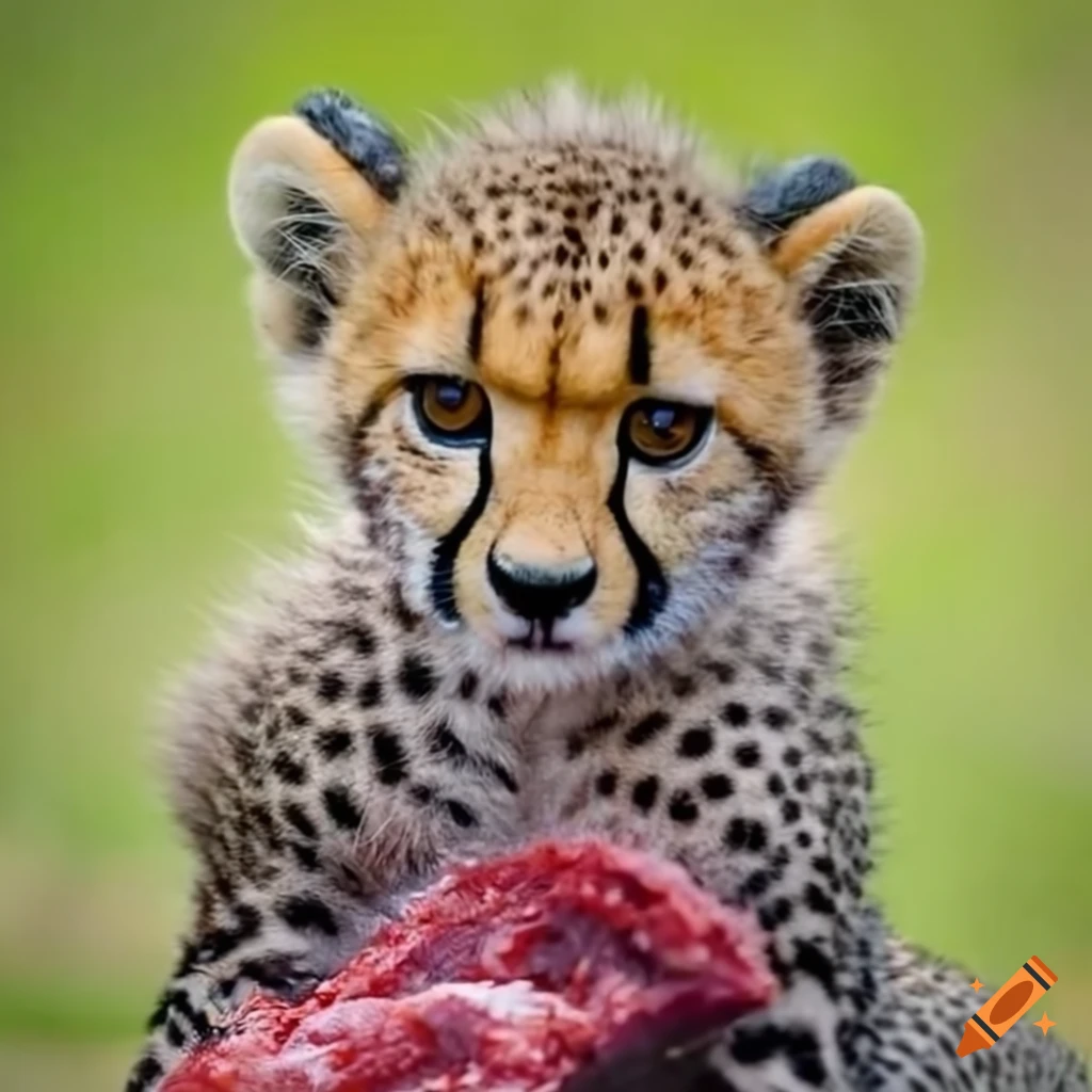 Baby cheetah eating meat on Craiyon