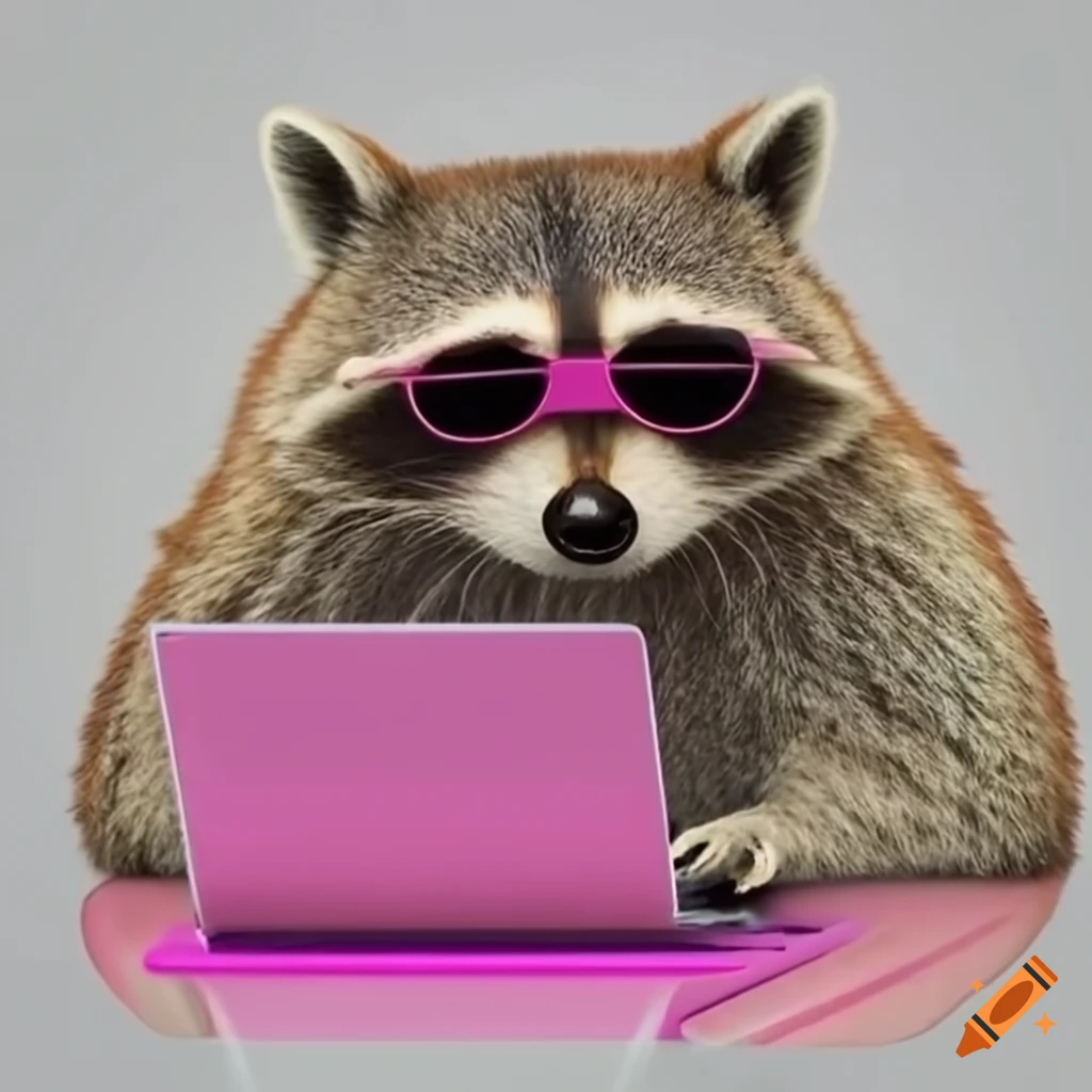 Raccoon with pink sunglasses coding on laptop on Craiyon
