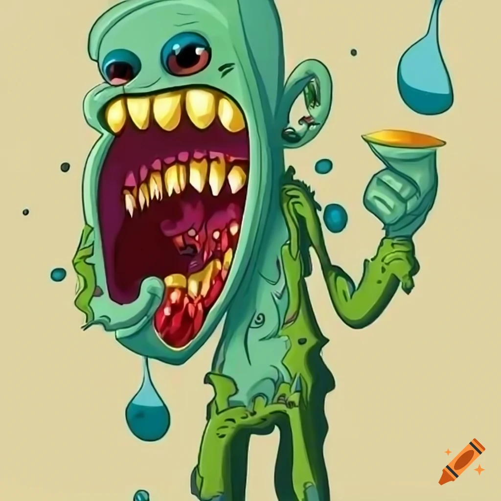 Cartoon zombie monster holding beakers of liquid on Craiyon
