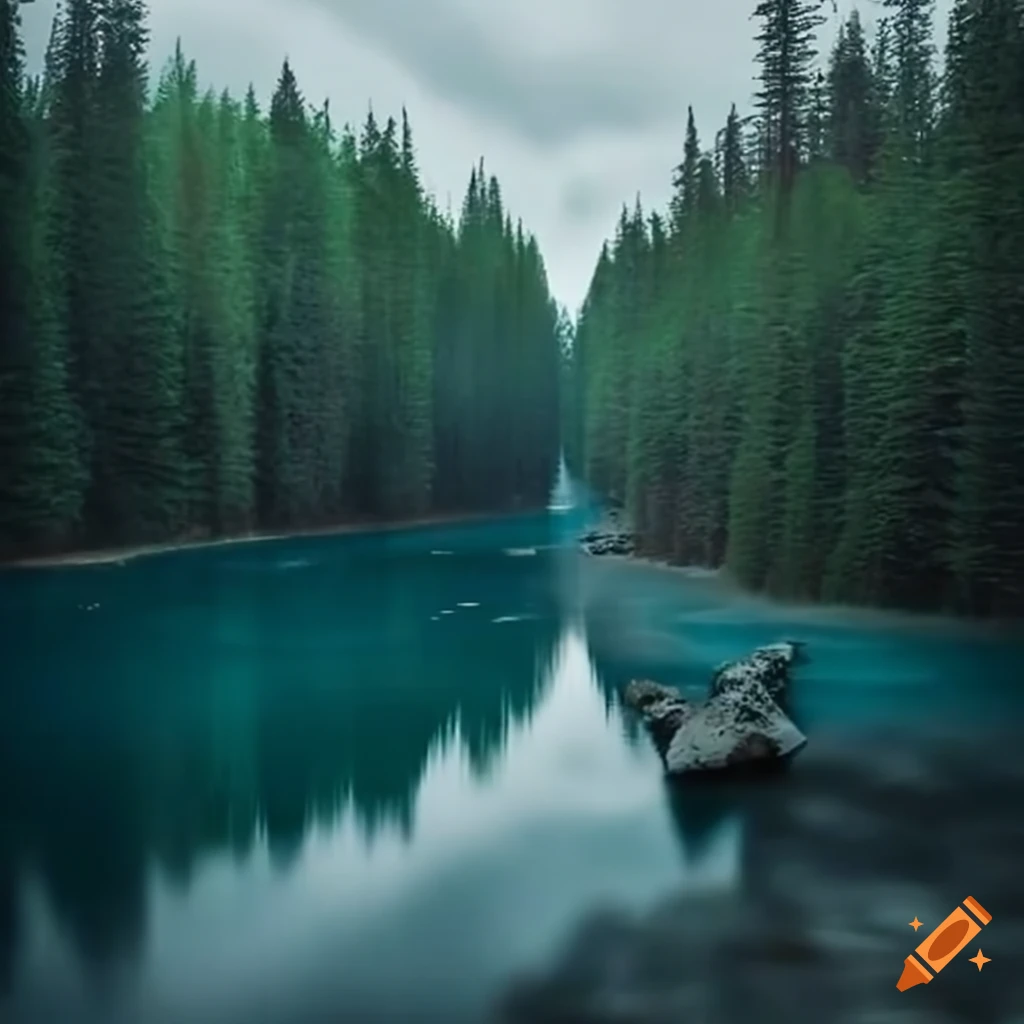 Breathtaking landscape during the temperate taiga forest period with ...