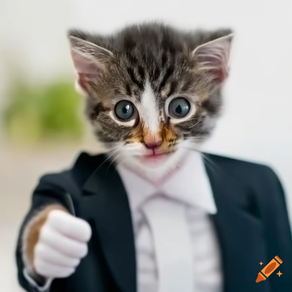Kitten in a business suit giving a thumbs up in its office on Craiyon