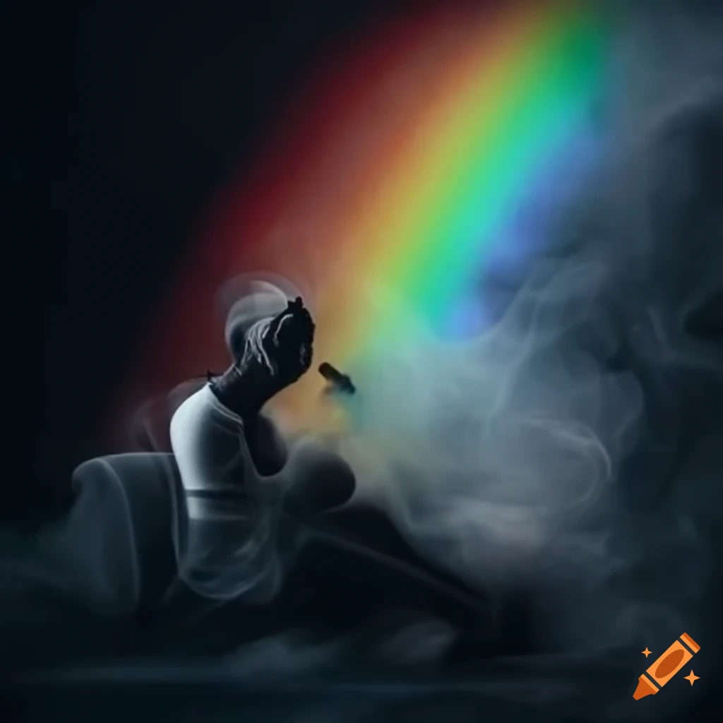 Person smoking with music notes and rainbows in the smoke on Craiyon