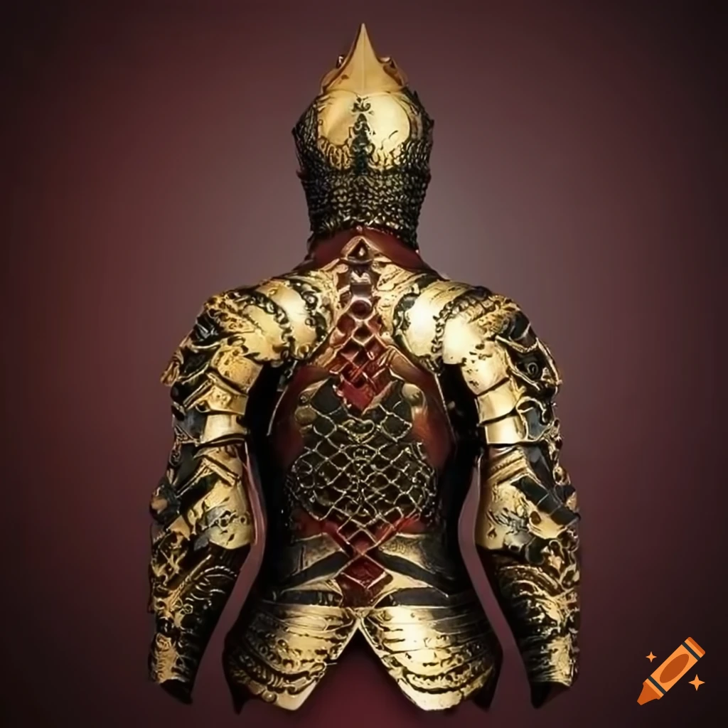 Intricate black, gold, and red arm armor design on Craiyon