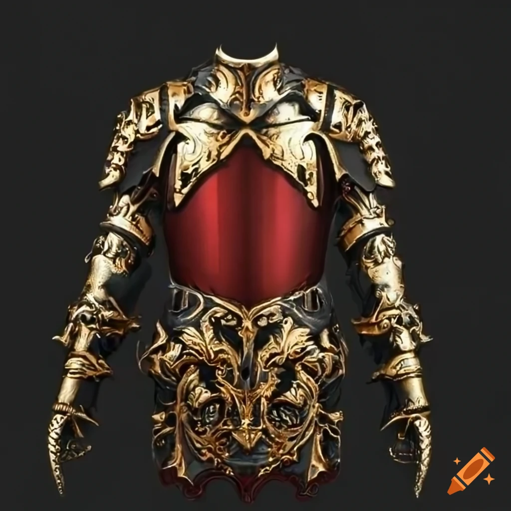 Intricate black, gold, and red arm armor design on Craiyon