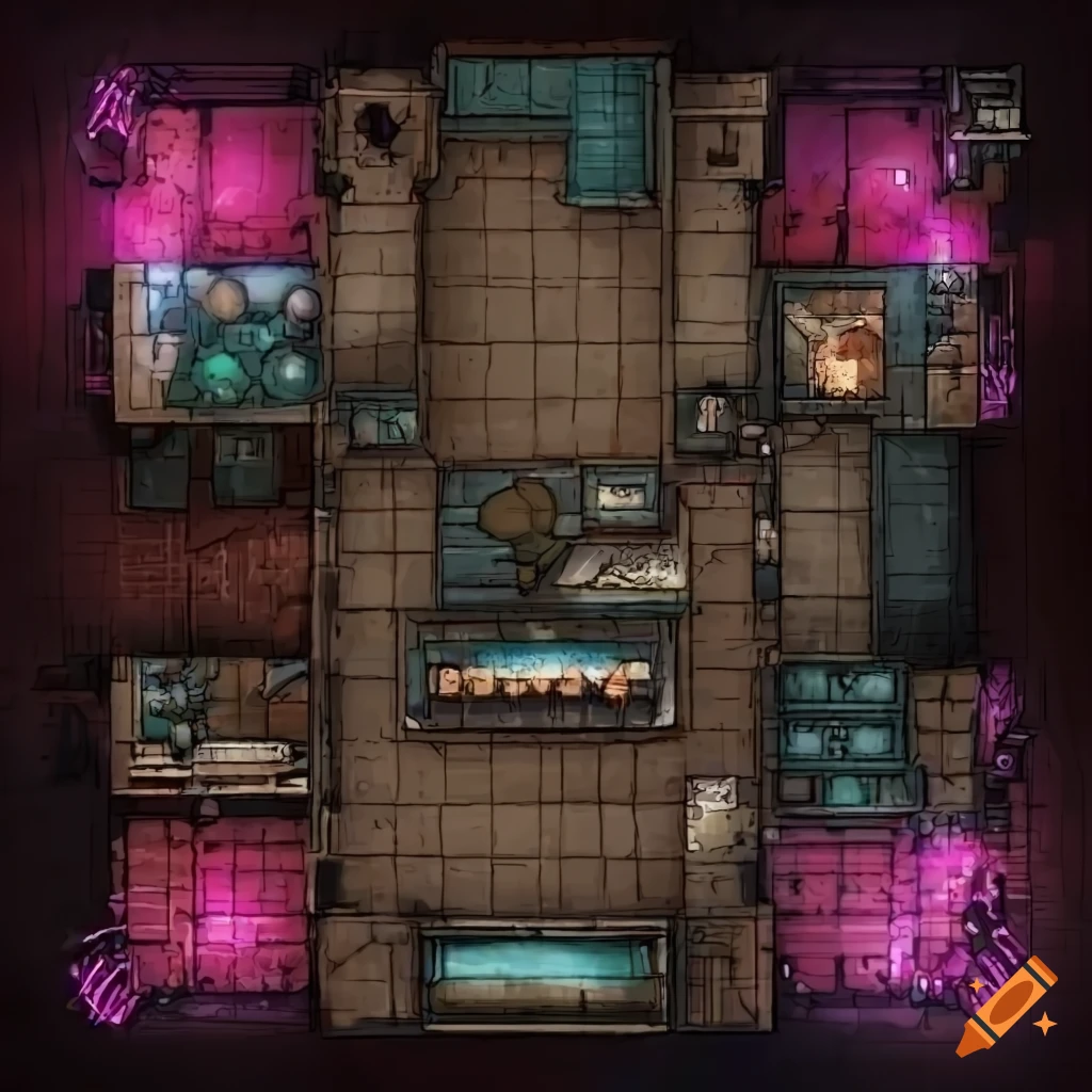 Top view battlemap for CyberpunkRED RPG set in a gang-run nightclub ...
