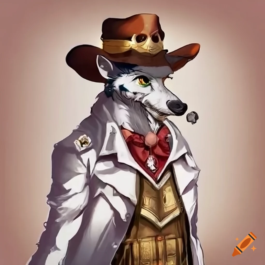 Hyena sheriff with white coat and cowboy hat holding six guns on Craiyon