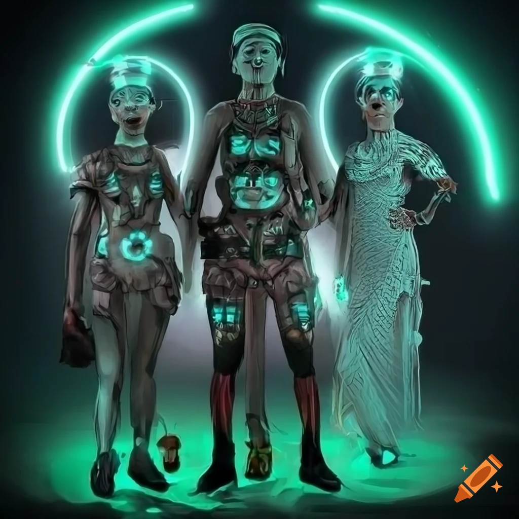 Digital illustration of a biopunk family in a futuristic biopunk ...