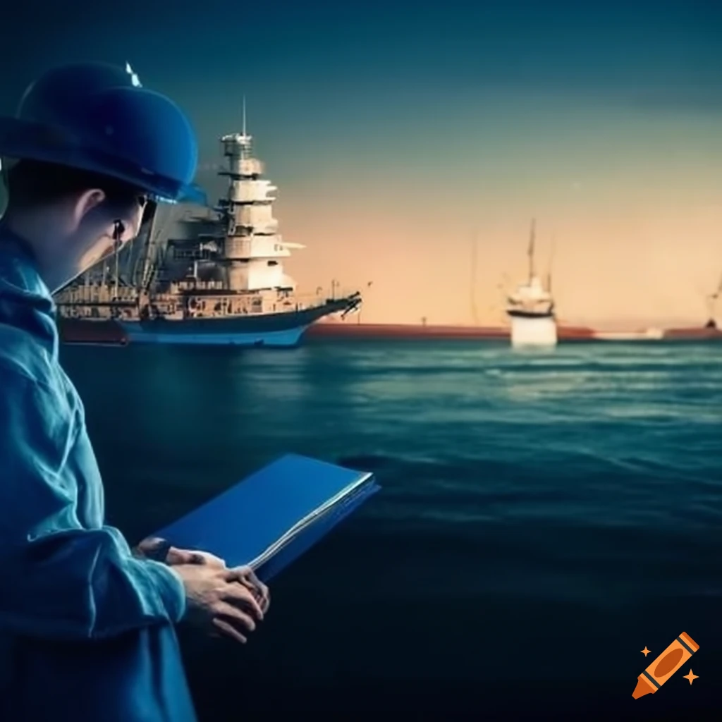 Naval engineer analyzing a dark blue book with ships in background on ...