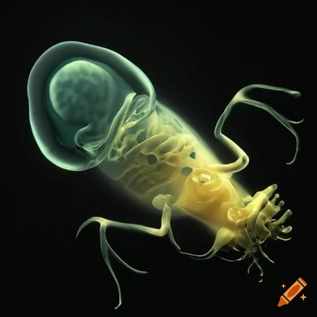 Transparent parasitic creature with gelatinous body and long arms on ...