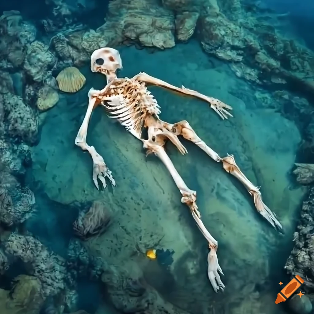 Anthro caracal skeleton on the sea floor from top view on Craiyon