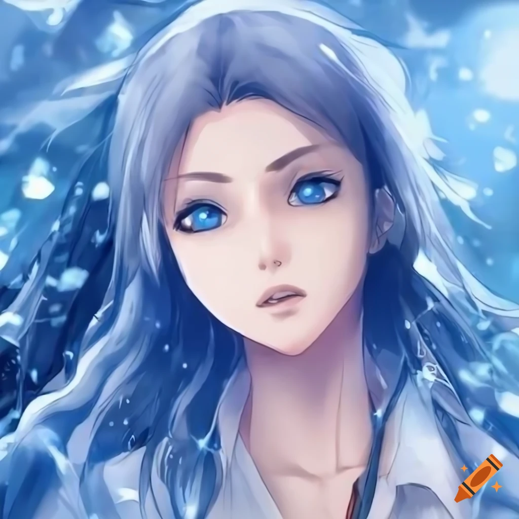 Woman with cold blue eyes and long white hair in an anime-style ...