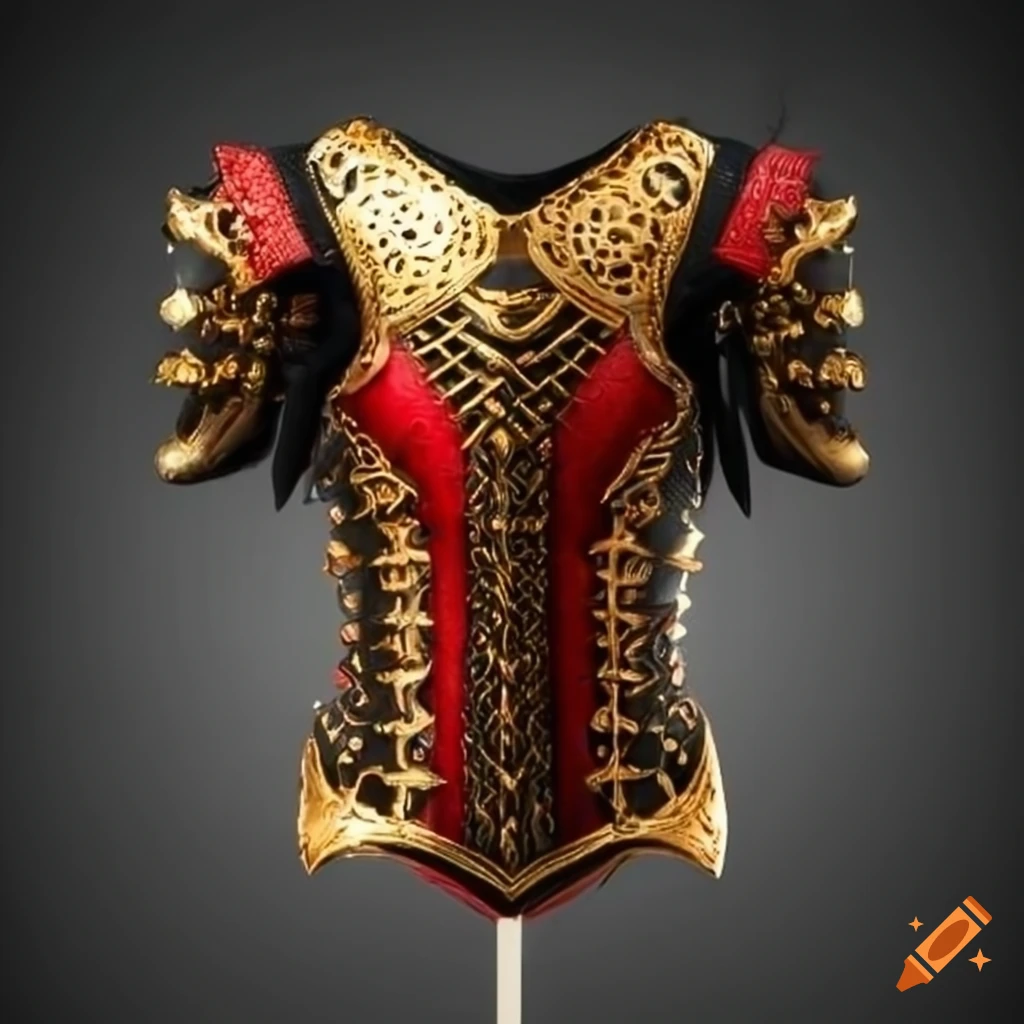 Intricate black, gold, and red arm armor design on Craiyon