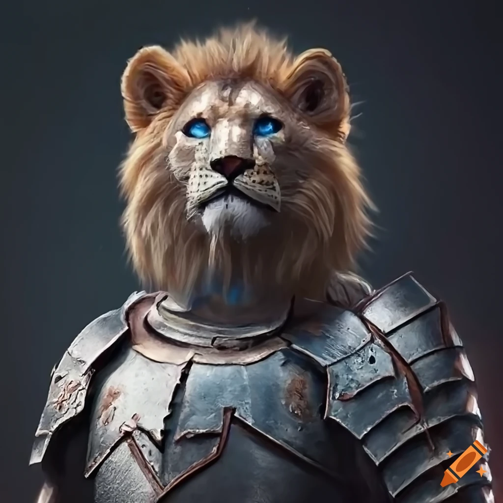 Proud lion humanoid knight in heavy armor with fierce blue eyes on Craiyon