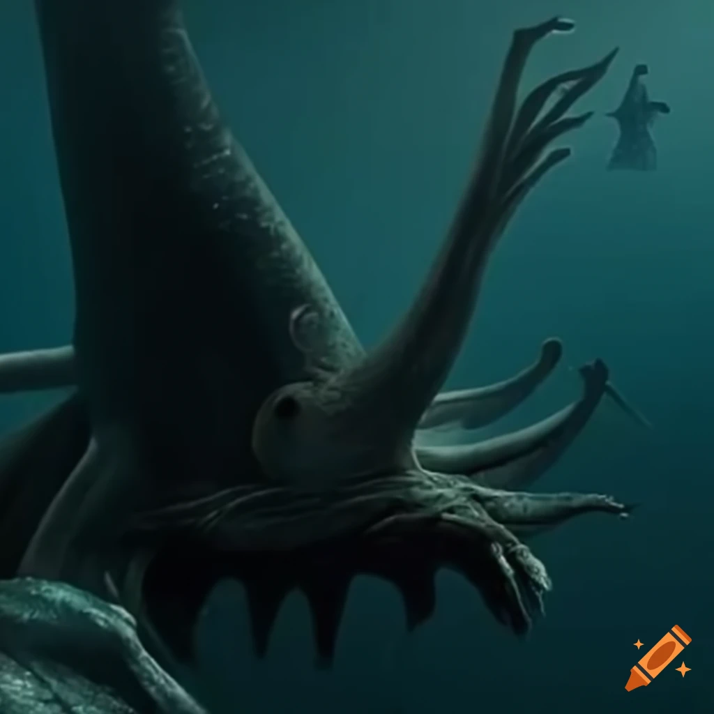 Horror movie poster of the kraken attacking ships on Craiyon