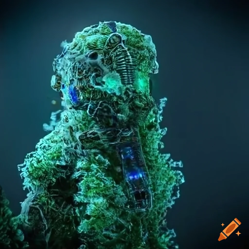 High-tech biopunk cyborg covered in glowing biopunk moss in a ...