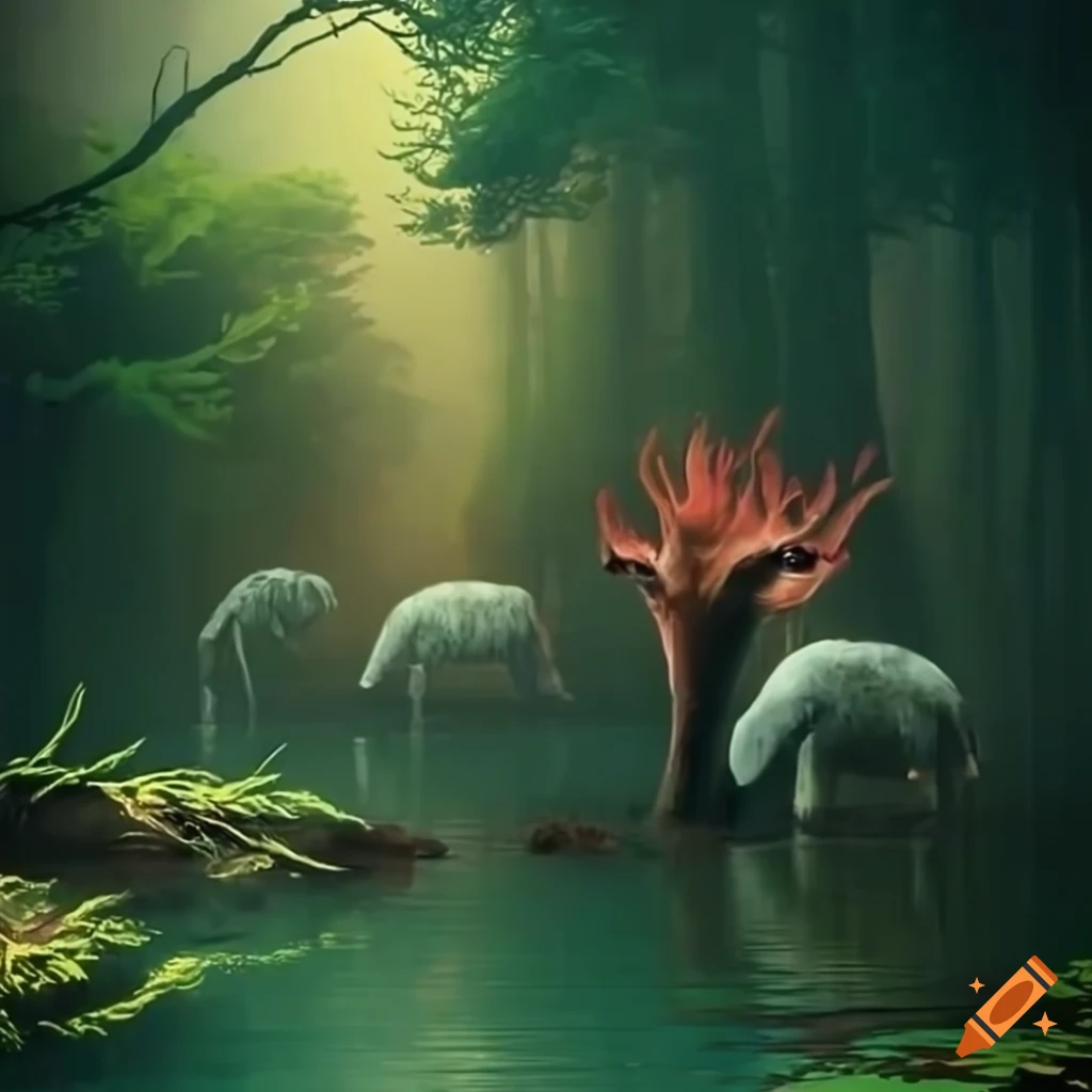 Surreal mutant animals in a strange forest with exotic flowers, pond ...