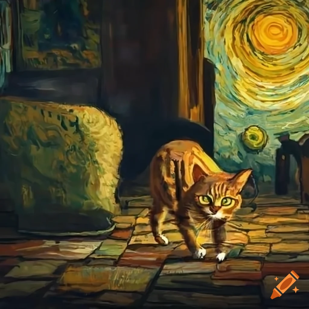 Cat walking down a street in van gogh and surrealism style on Craiyon