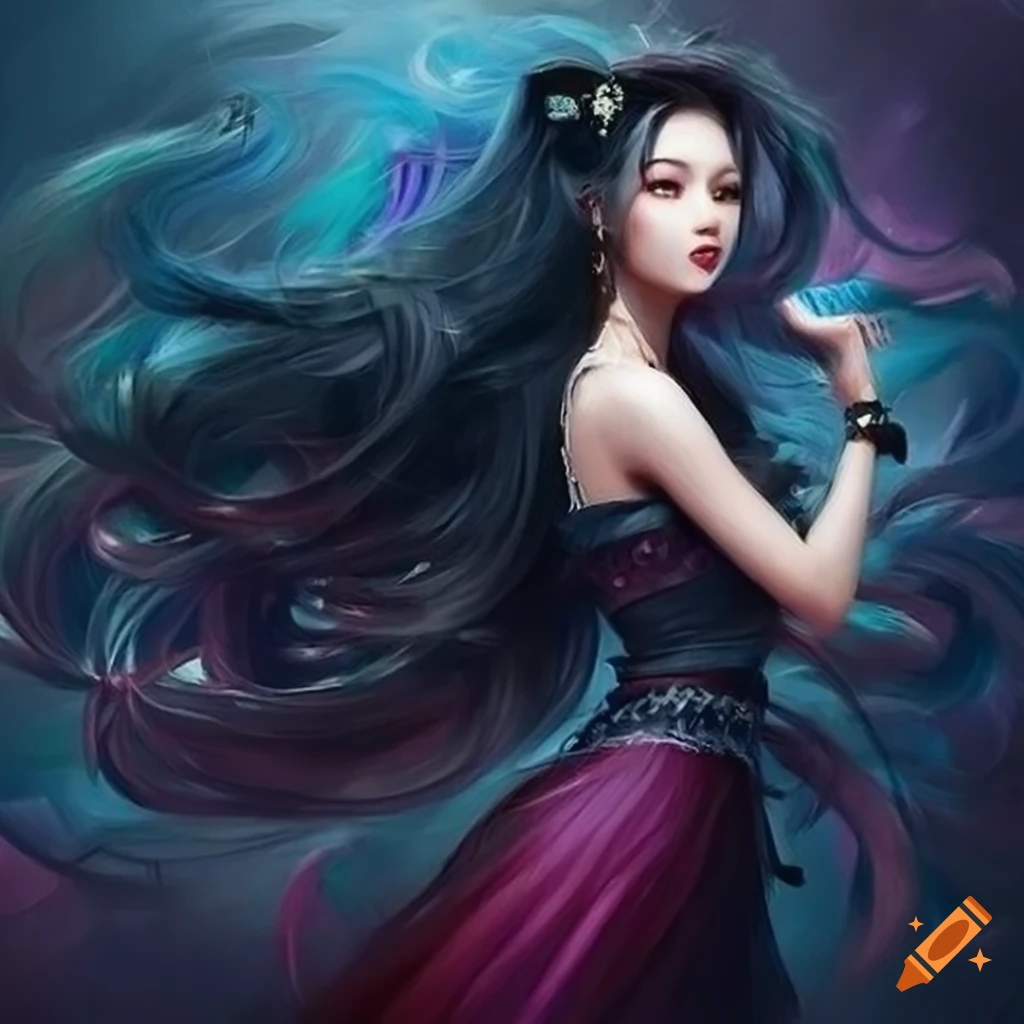 Digital artwork of an enchanting woman with flowing hair in a fantasy ...