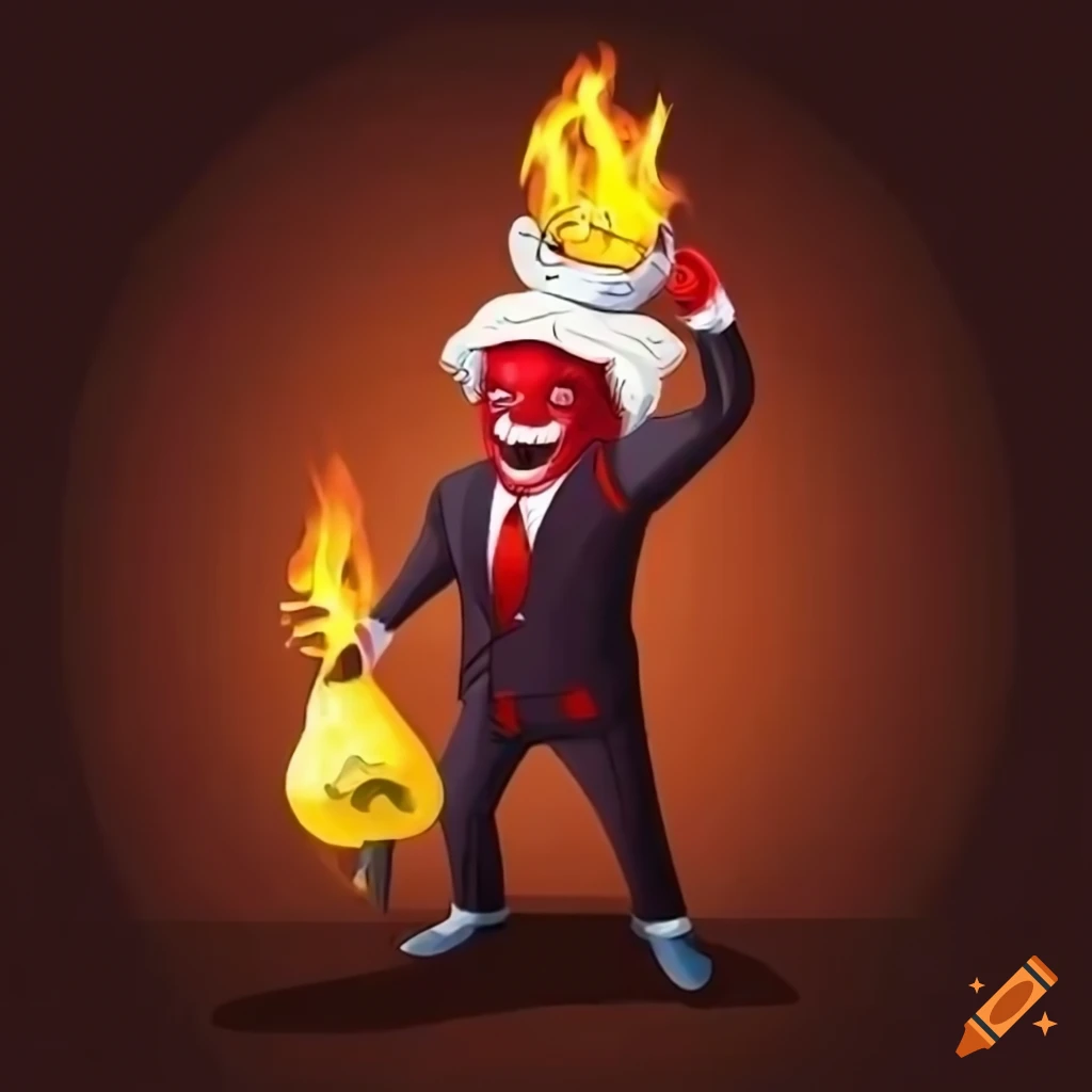 Cartoon demon in a suit holding a burning bag of money and laughing on ...