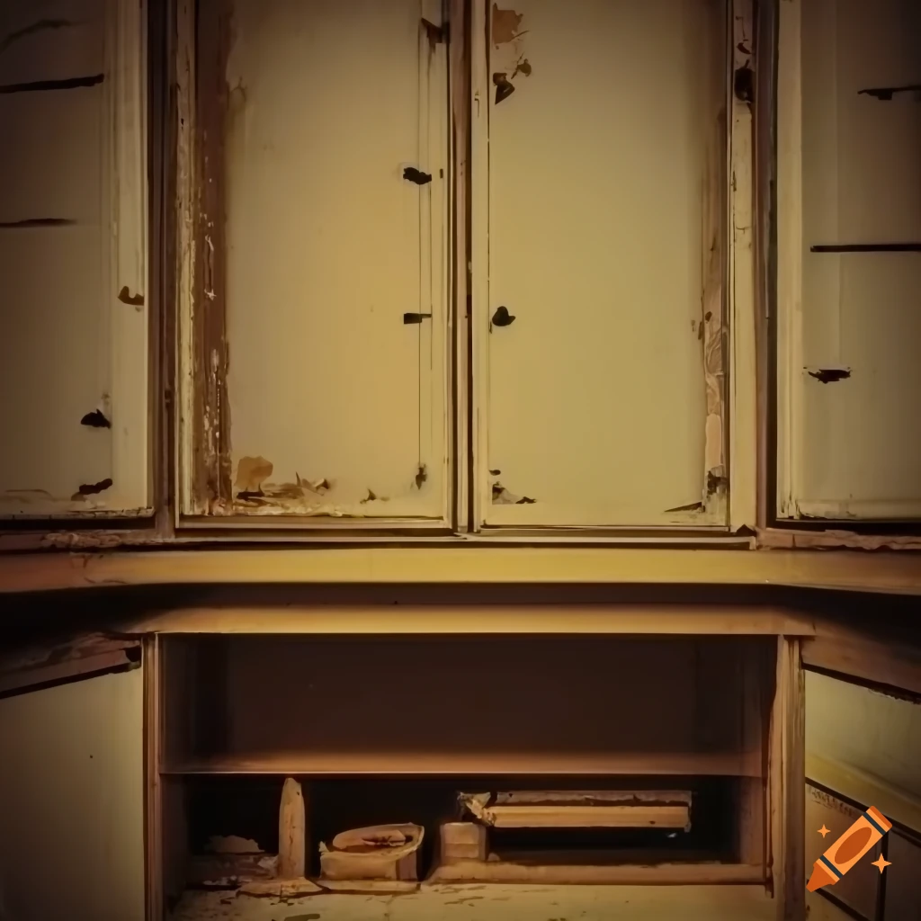 Abandoned flooded storage room with built-in cabinets and shelves on ...