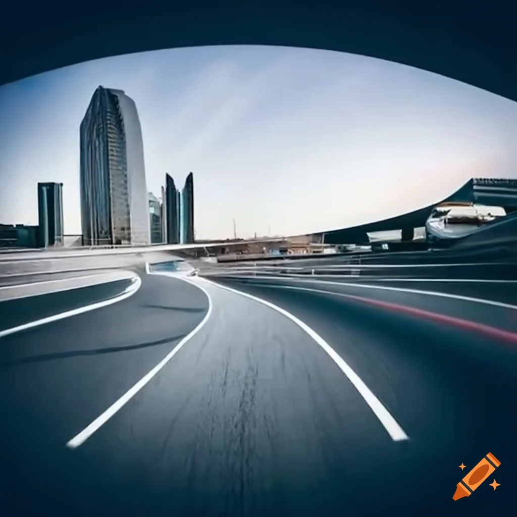 Modern buildings with Formula One race cars in the distance on Craiyon