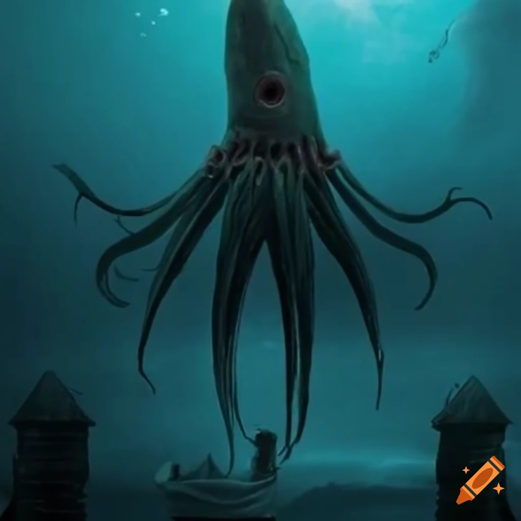 Horror movie poster showing the kraken attacking ships on Craiyon