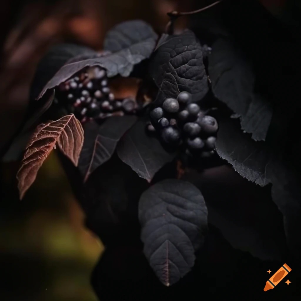 Dark black leaves on a bush with plump, dark berries on Craiyon