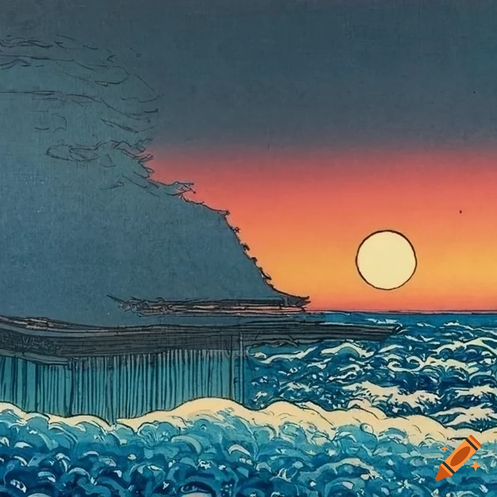 Stunning sunset wave with temple on island in the style of hasui kawase ...