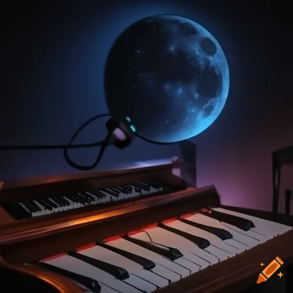 Music studio with moon, piano, and microphone on Craiyon